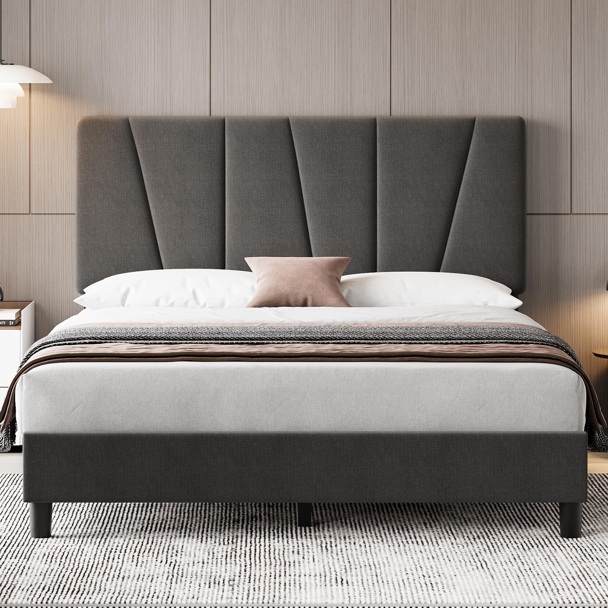 King Size Bed Frame with Adjustable Headboard, Linen Upholstered ...