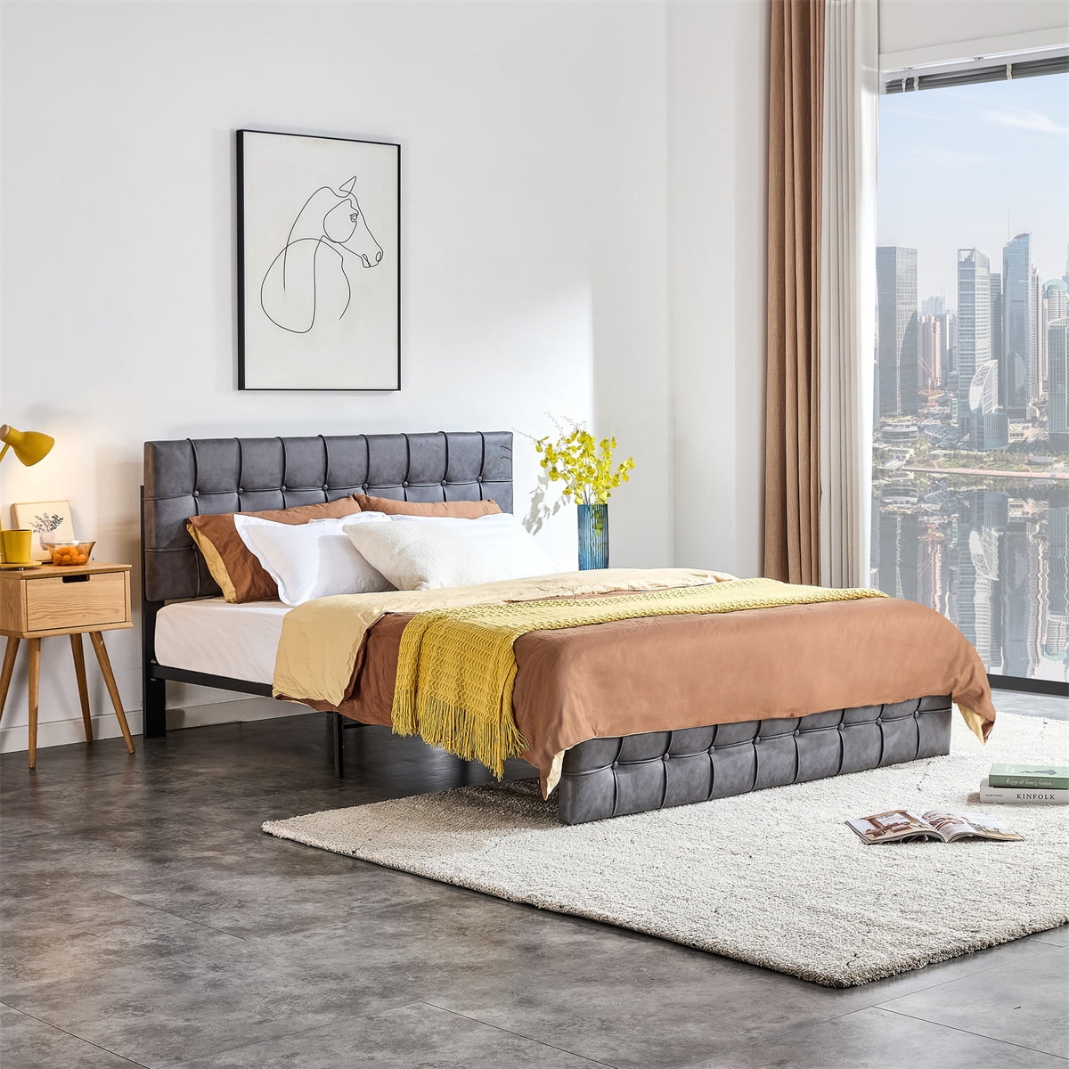 King Size Bed Frame with Button Tufted Adjustable Headboard,Upholstered ...