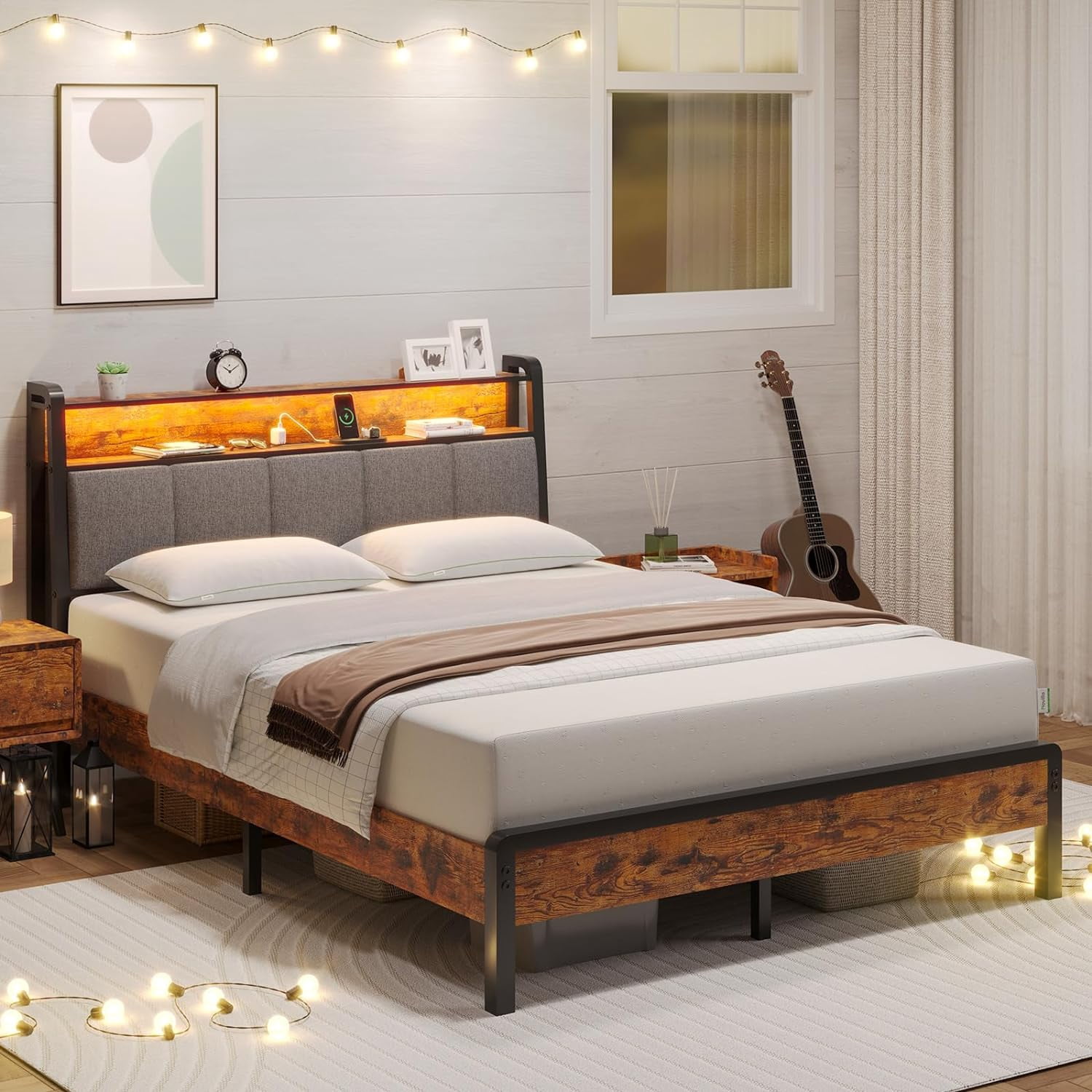 King Size Bed Frame with Charging Station and Led Lights, Metal King ...