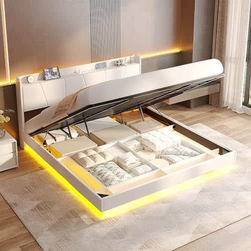 King Size Bed Frame Floating Bed Frame with LED Lights & Lift Up Storage Upholstered PU Leather ...