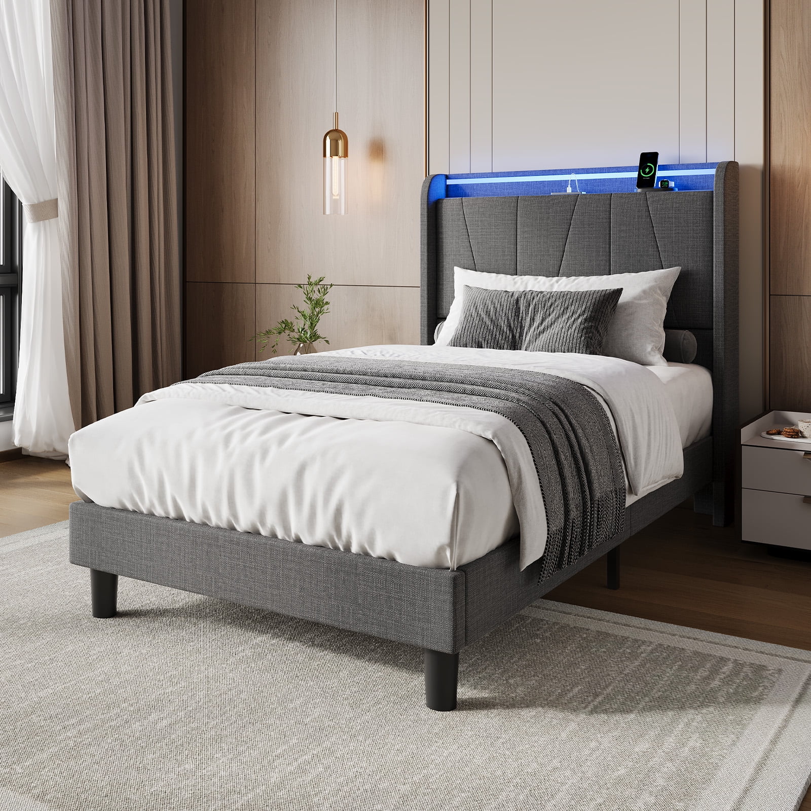 King Size Bed Frame with LED Lights and Charging Station, Fabric ...