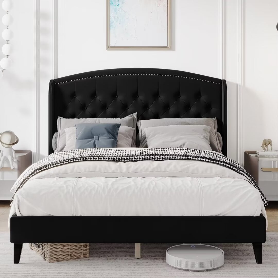King Size Bed Frame, Modern Platform Bed with Upholstered Wingback ...