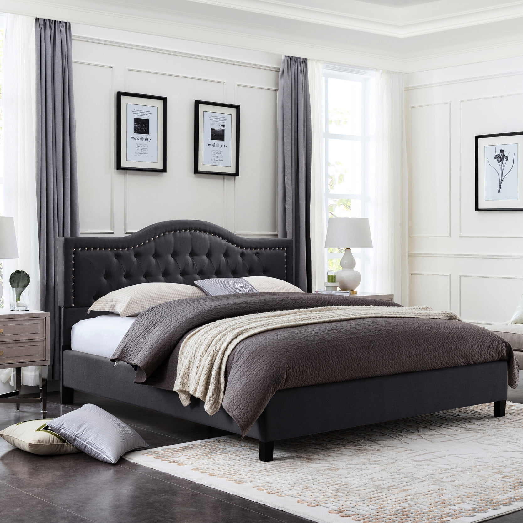 King Size Bed Frame, No Box Spring Needed / Arched Headboard, Aesthetic ...
