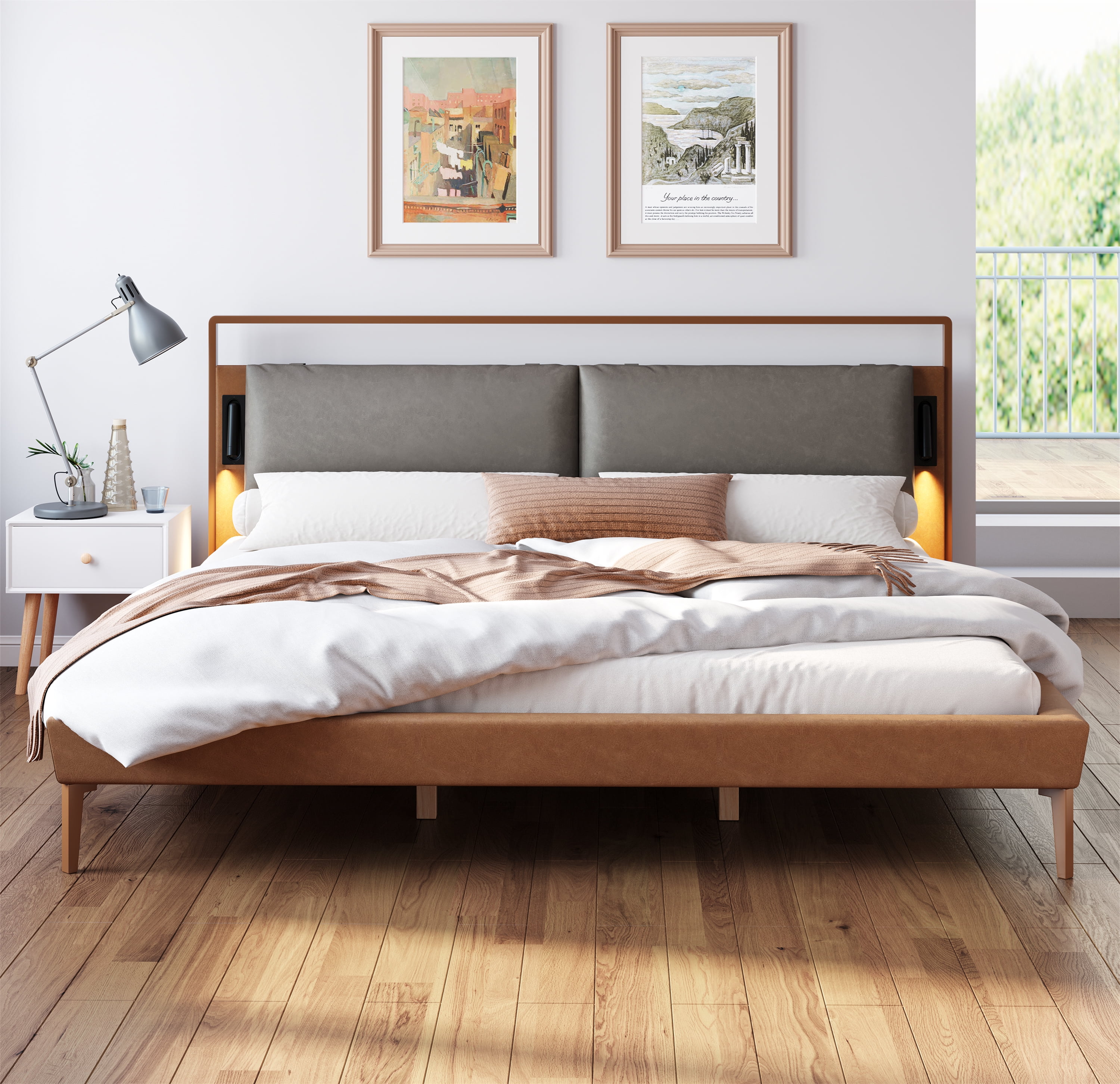 King Size Bed Frame,Platform King Bed Frame with PU Leather Headboard ...