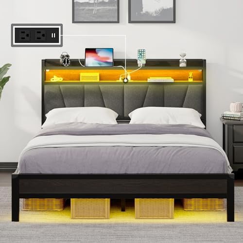 King Size Bed Frame with RGB Lights & Charging Station, LED Bed Frame ...