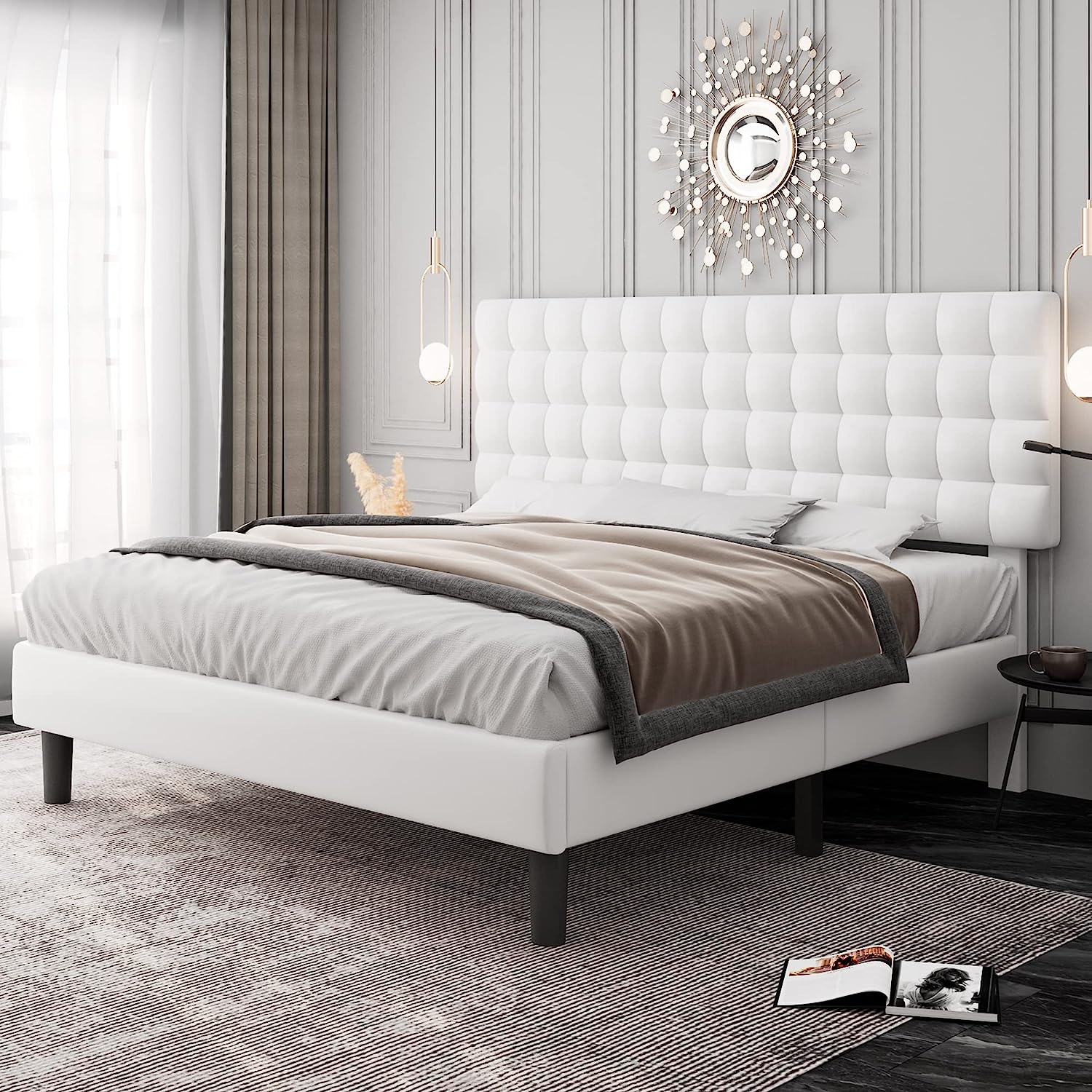 King Size Bed Frame with Square Stitched Headboard Faux Leather ...