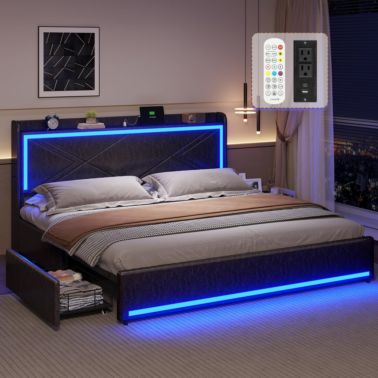 King Size LED Bed Frame with Shelf, Storage, USB-C Charge, Faux Leather ...