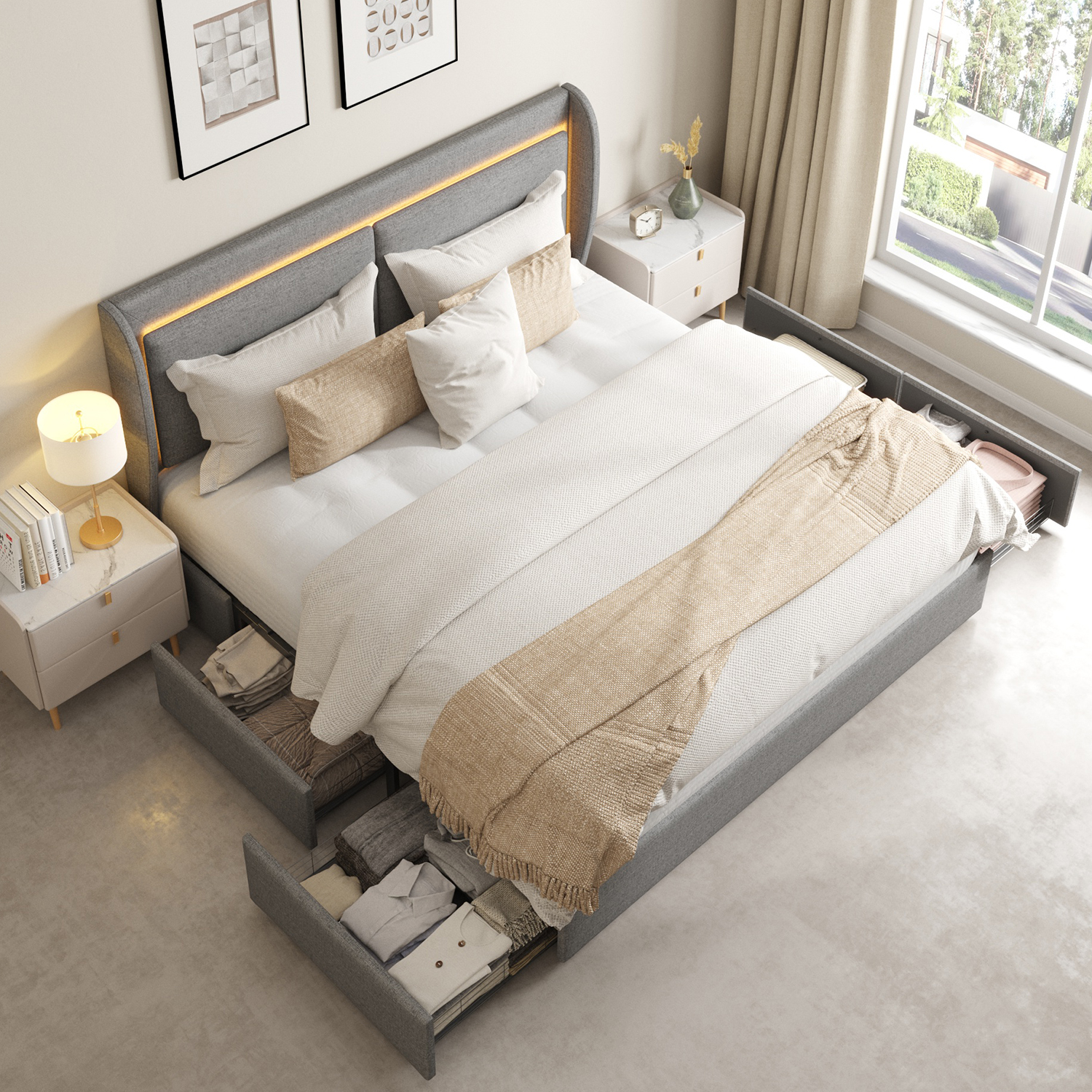 King Size Bed Frame with Storage Drawers, LED King Bed Frame and ...