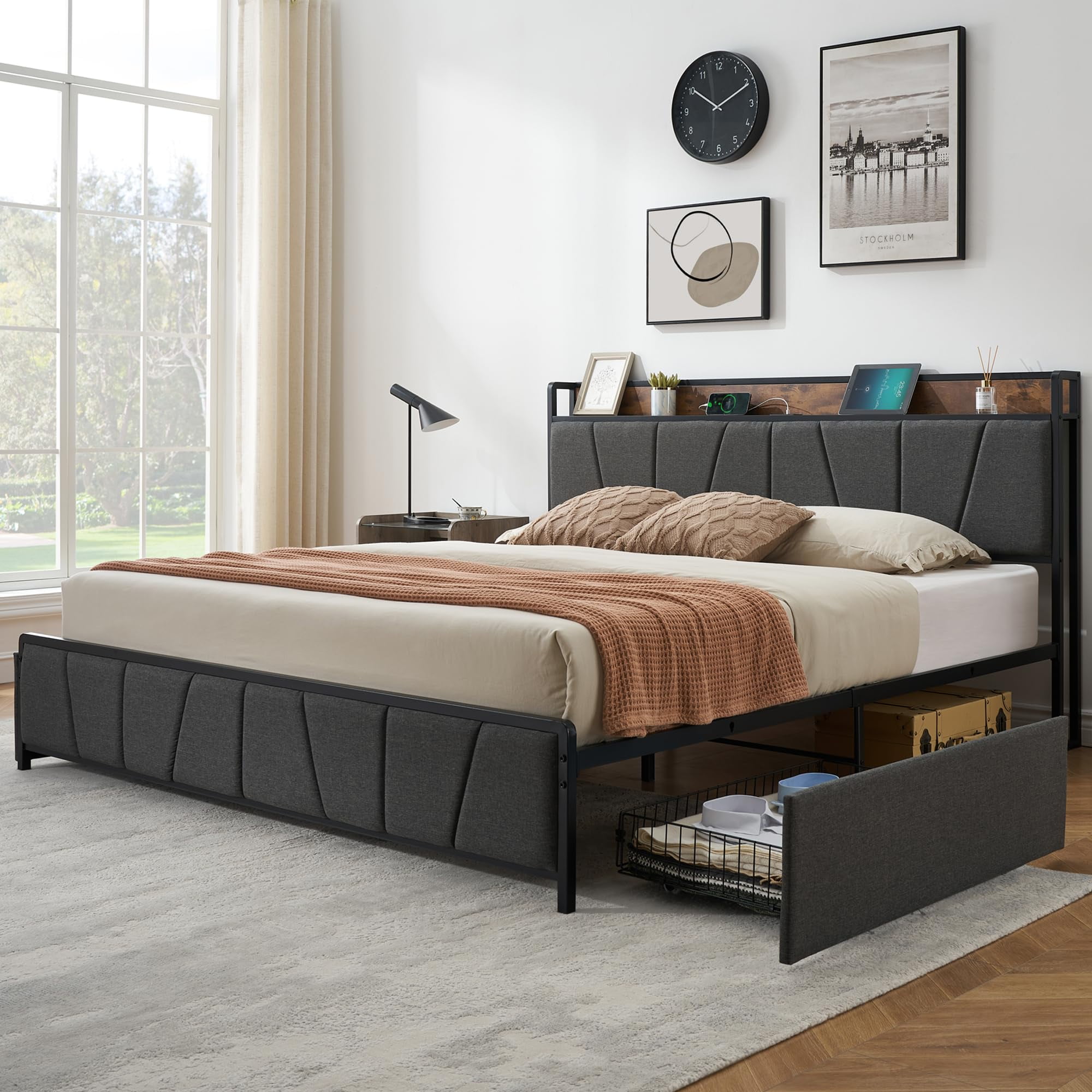 King Size Bed Frame,Storage Headboard with Charging Station,Platform ...