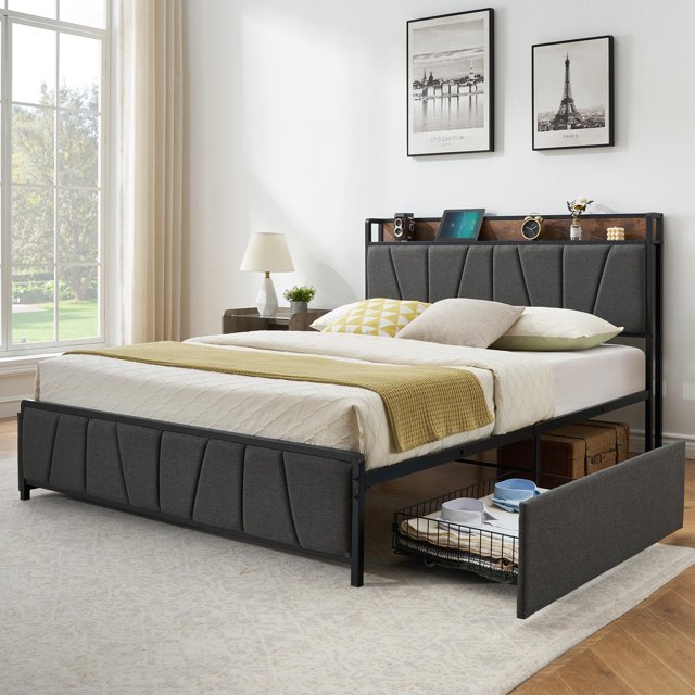 King Size Bed Frame,Storage Headboard with Charging Station,Platform ...