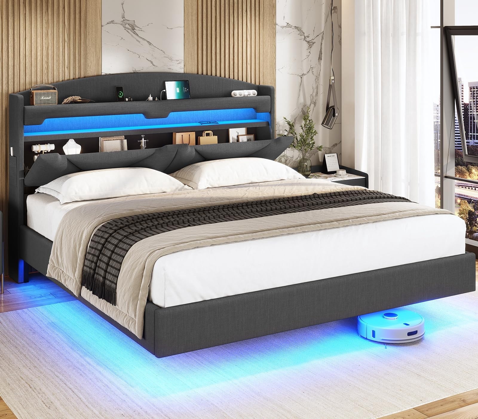 Kicode King Size Bed Frame with Storage Headboard LED Lights USB ...