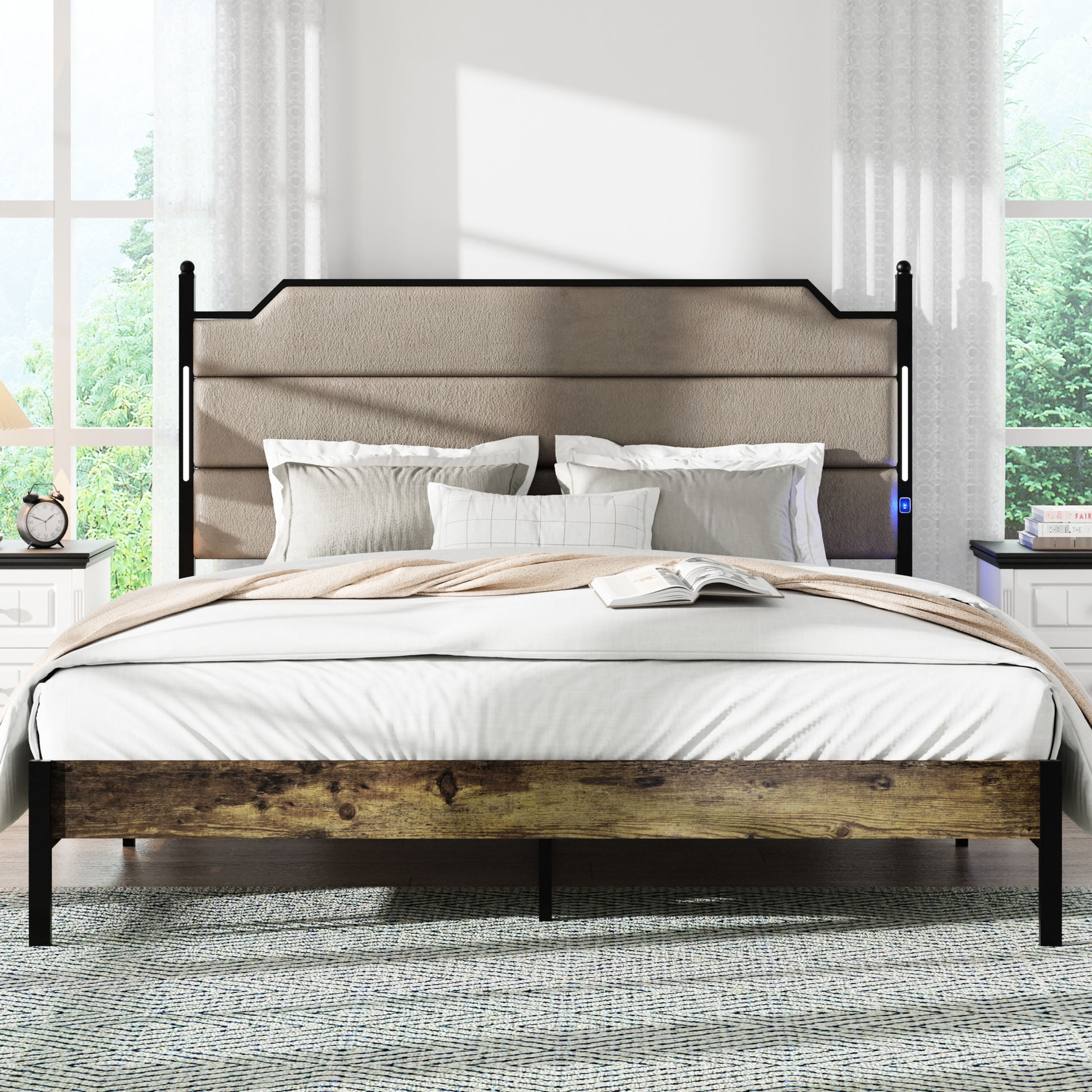 King Size Bed Frame With Upholstered Headboard, Charging Ability, Led ...