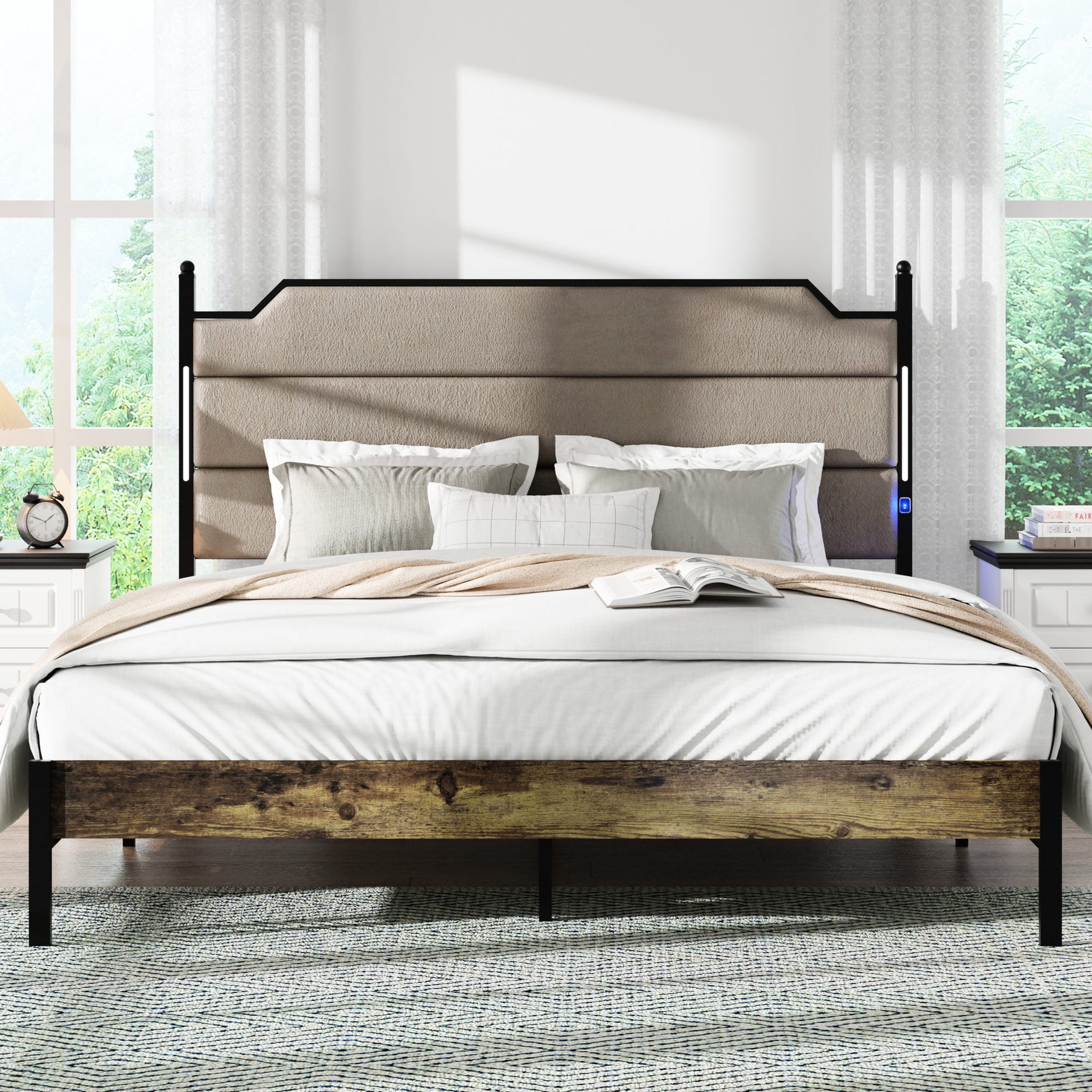 King Size Bed Frame With Upholstered Headboard, Charging Ability, Led ...