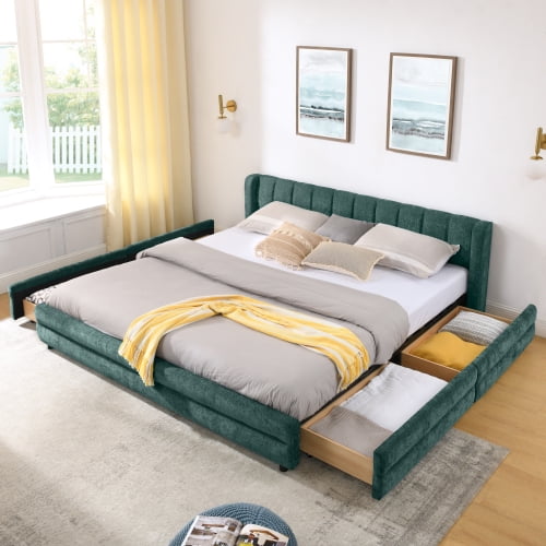 King Size Bed Frame, Upholstered Platform Bed with Storage Drawers and ...