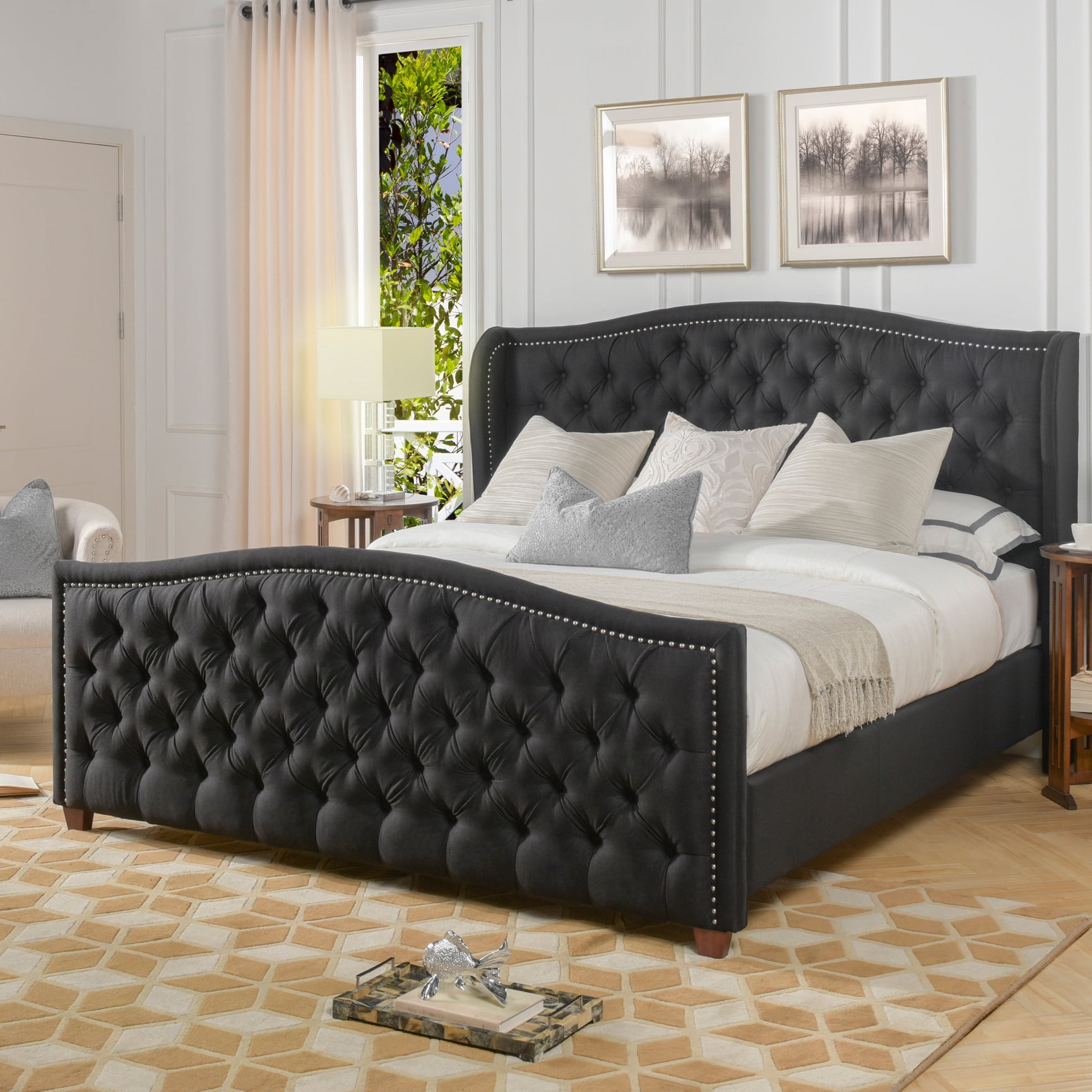 King Size Bed Frame, Upholstered Platform Bed with Wingback Headboard ...