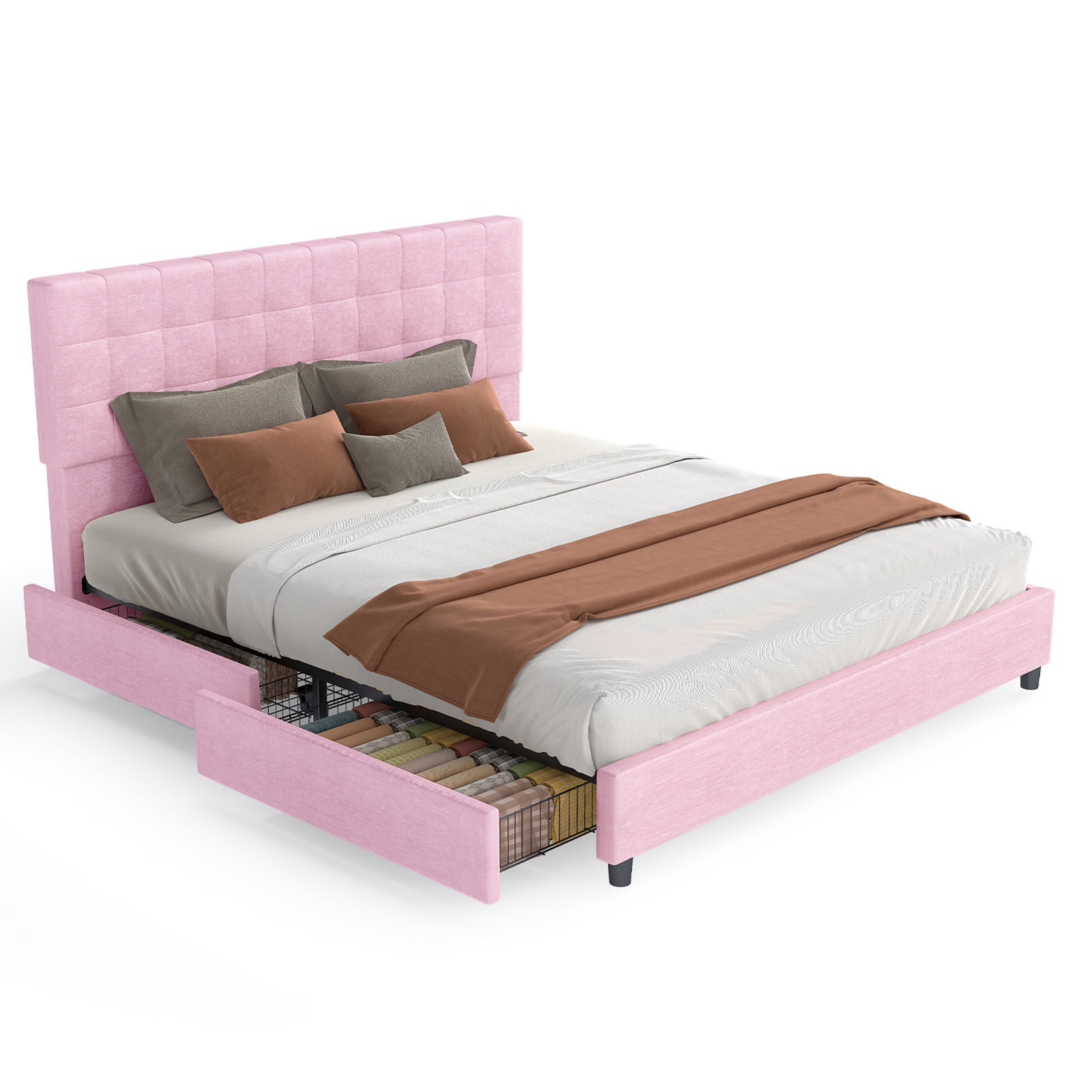 King Size Bed Frame, Upholstered Vertical Channel Headboard with 4 ...