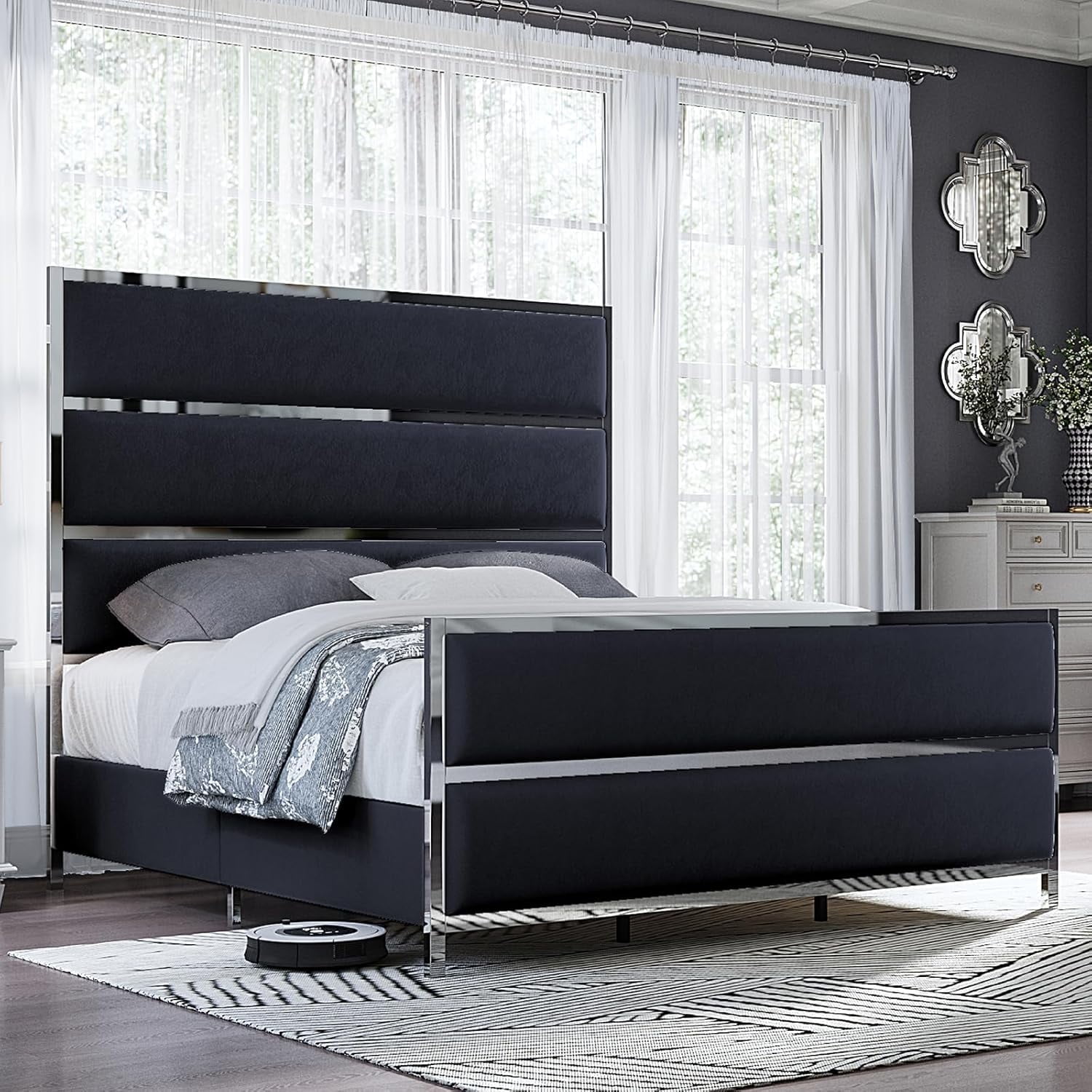 King Size Bed Frame, Velvet Upholstered Bed with Silver Trim Headboard ...