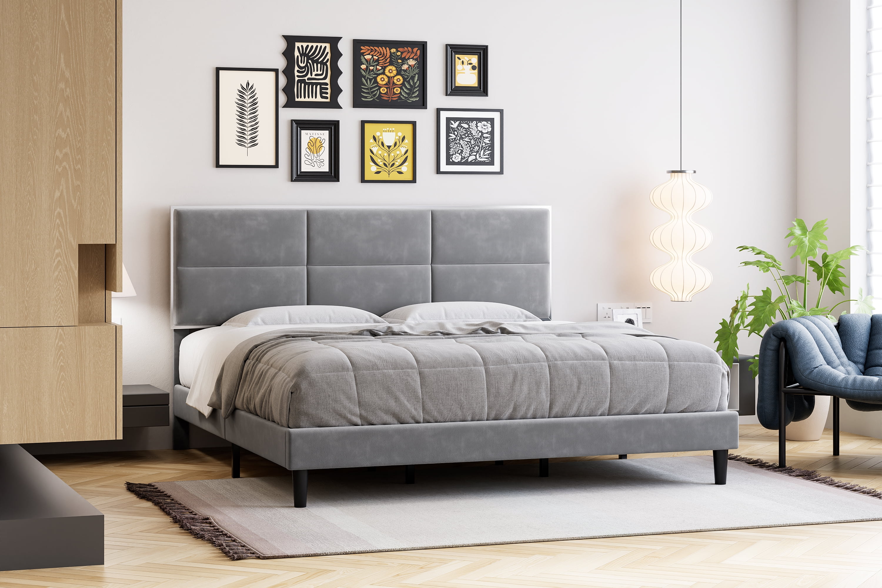 King Size Bed Frame, Velvet Upholstered Platform Bed Frame with ...