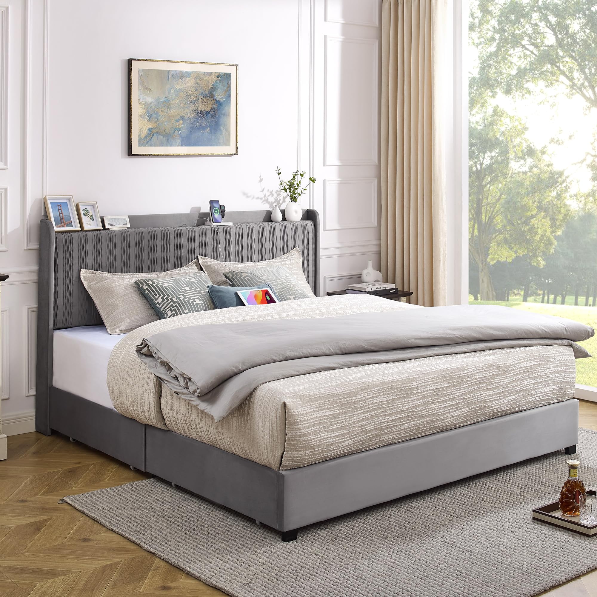 King Size Bed Frame, Velvet Upholstered Platform Bed with Refined ...