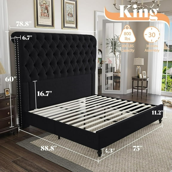 51" Tall King Size Metal Bed Frame with Deep Button Tufted Wingback ...
