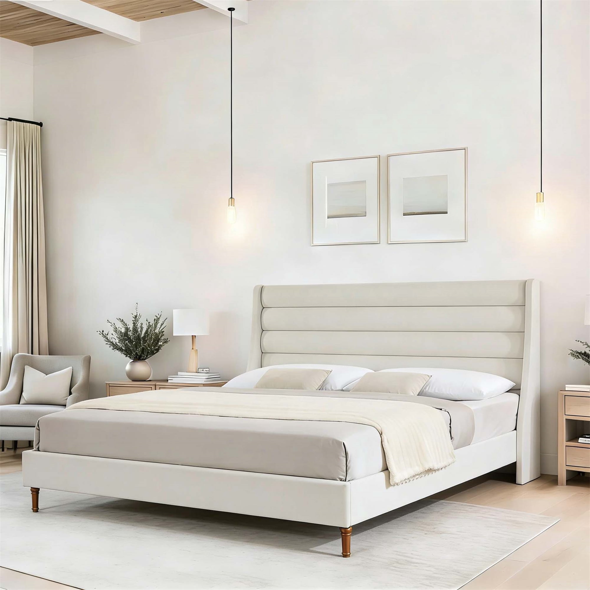 King Size Bed Frame with High Wave-Shaped Headboard, Premium Chenille ...