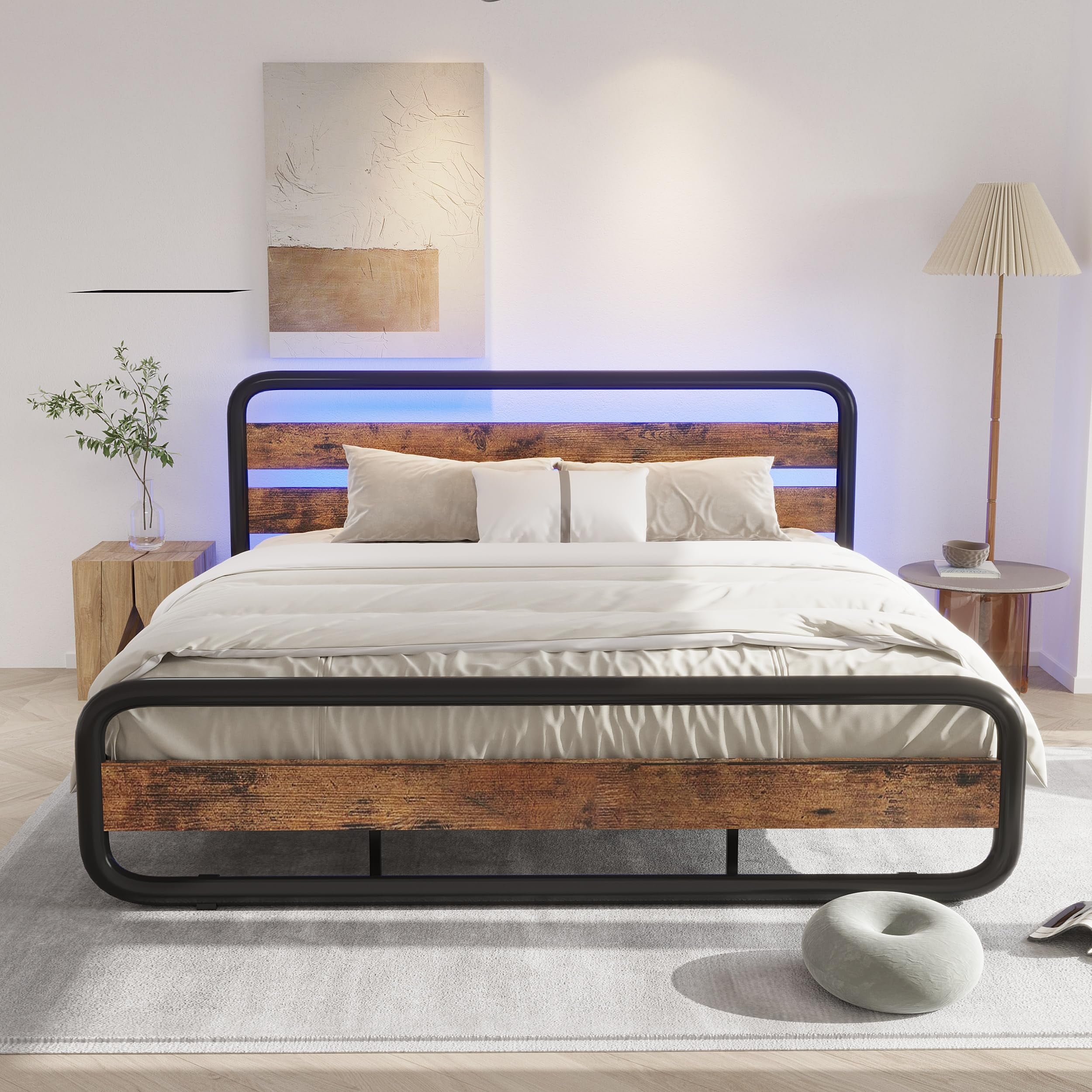 King Size Bed Frame with LED Headboard & Footboard, Heavy Duty Platform ...