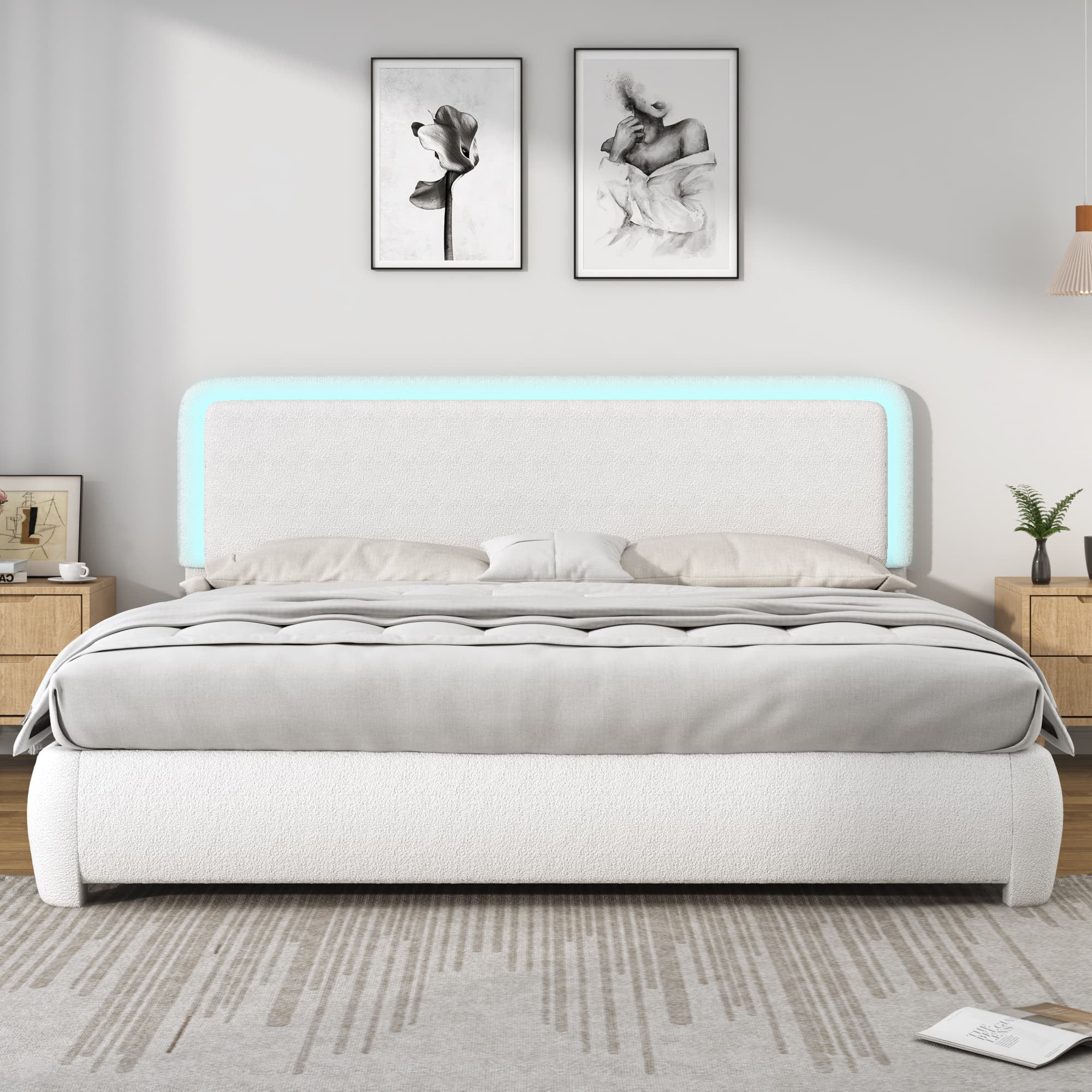 King Size Bed Frame with LED Light, Boucle Upholstered Platform Bed ...