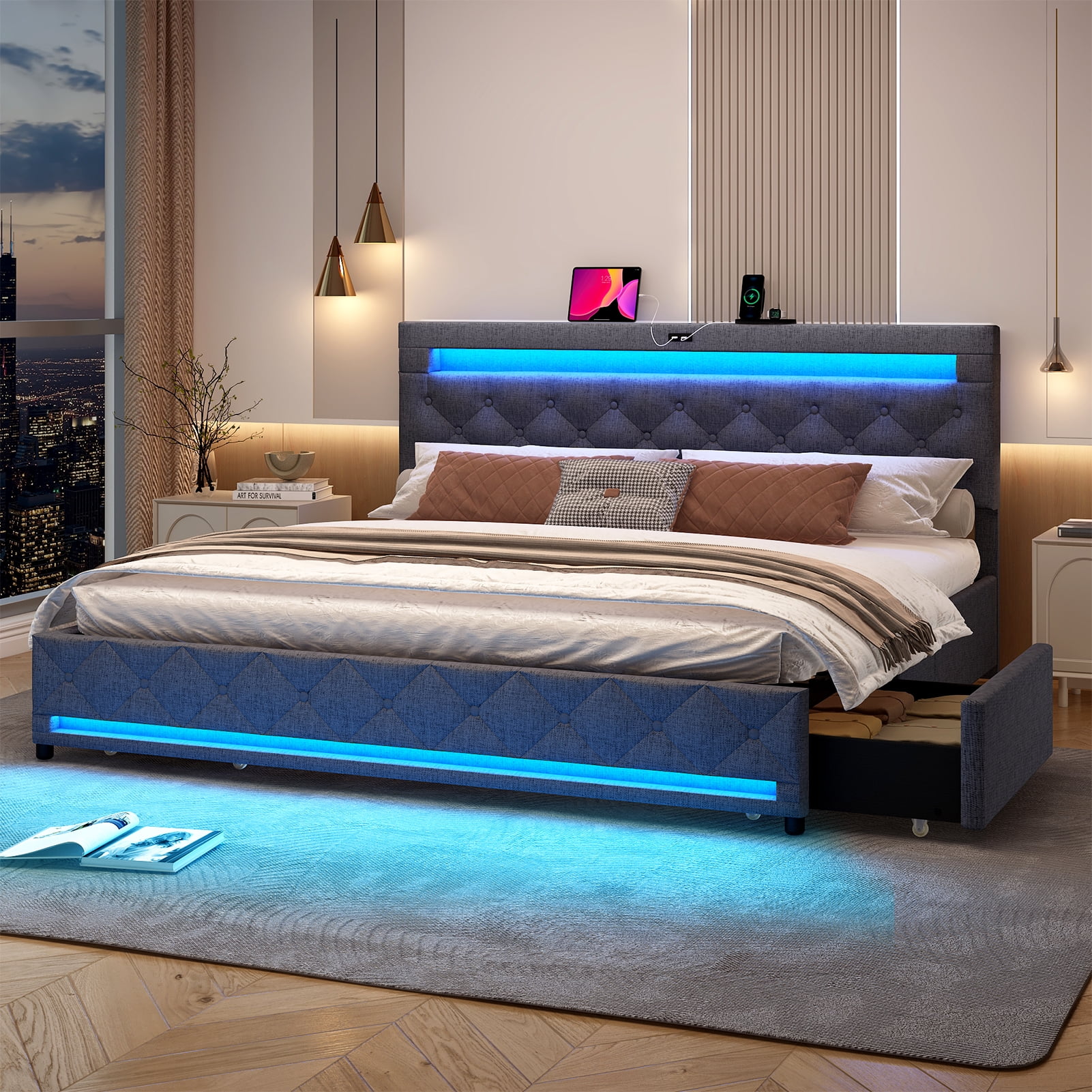 King Size Bed Frame with LED Light Headboard & Outlets, Upholstered ...