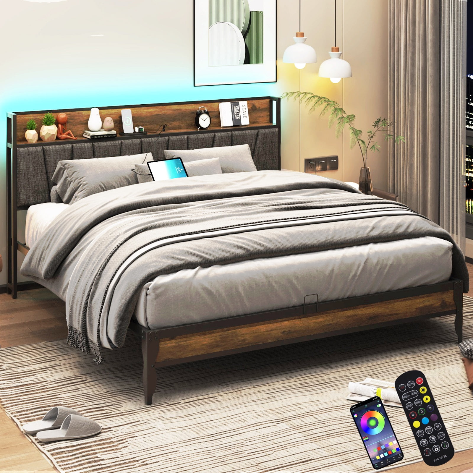 King Size Bed Frame with LED Light & Linen Upholstered Headboard, Metal ...