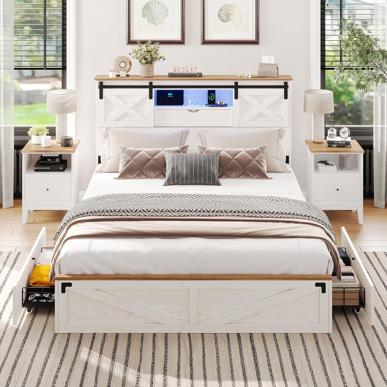 King Size Bed Frame with LED Lights and Charging Station, Farmhouse ...