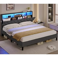 Homfa King Size LED Bed Frame, PU Leather Upholstered Curved Platform ...