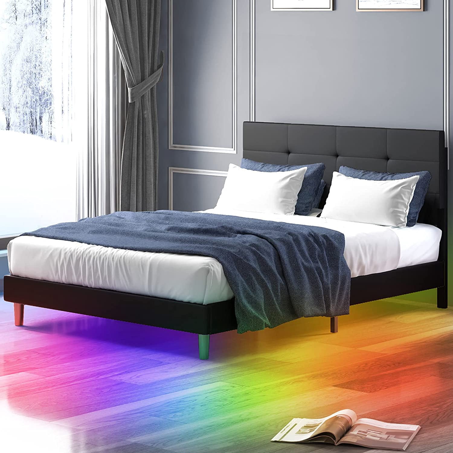 King Size Bed Frame with Smart RGB LED Lights Button Tufted Headboard ...