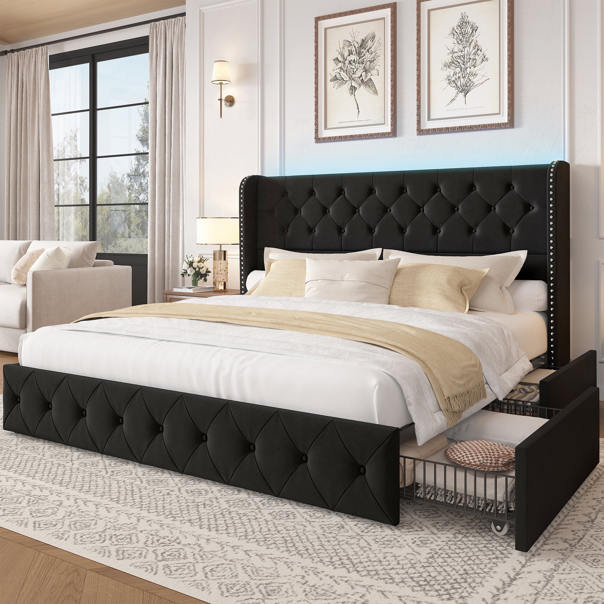 Breltam King Size Bed Frame with Storage Drawers and Tufted Headboard ...