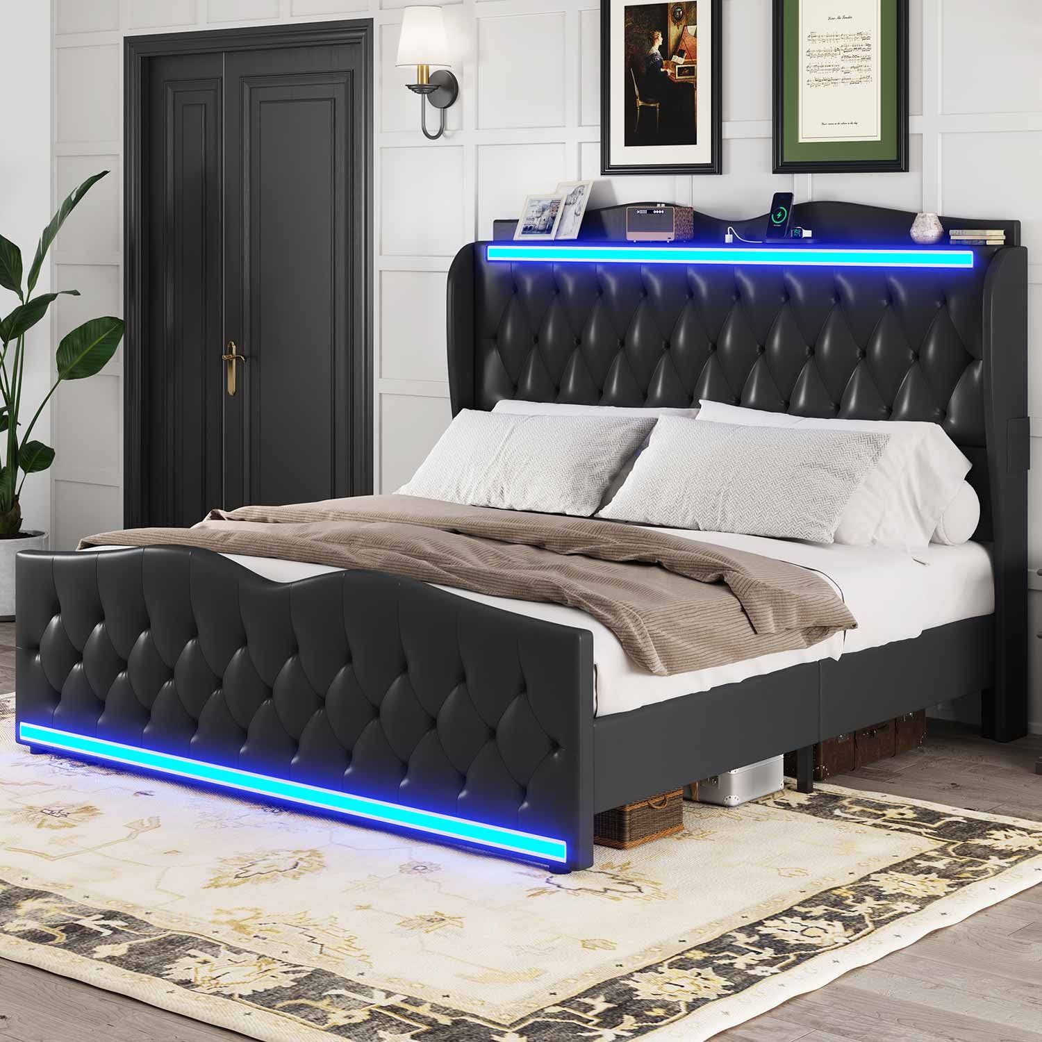 King Size Bed Frame with Tall Headboard, Upholstered, LED Lights, USB ...
