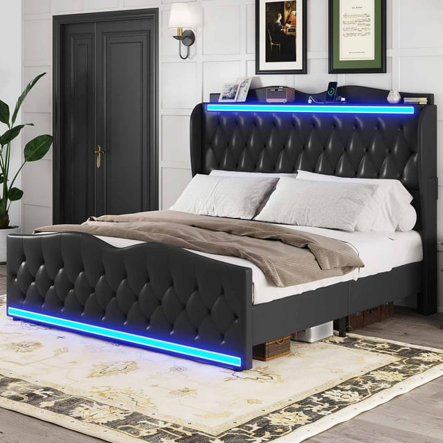 King Size Bed Frame with Tall Headboard, Upholstered, LED Lights, USB ...