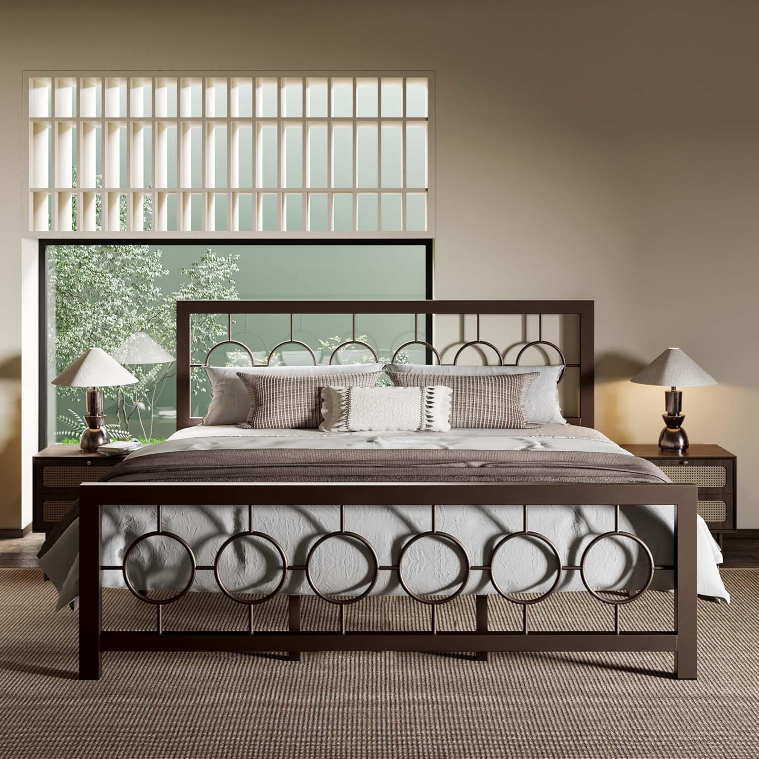 King Size Bed Frame with Vintage Circular Design Headboard and ...