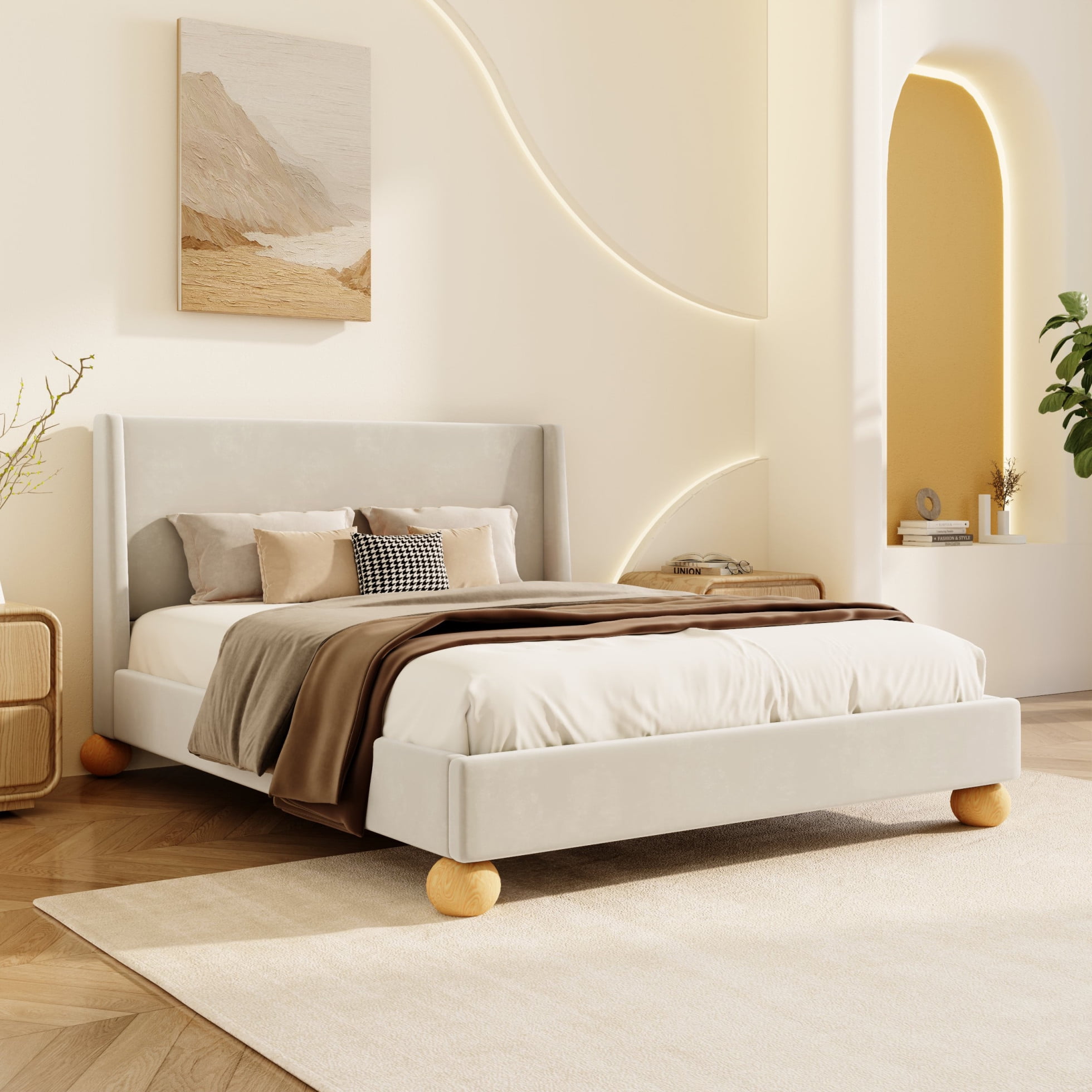 King Size Bed Frame with Wingback Headboard, Velvet Upholstered ...