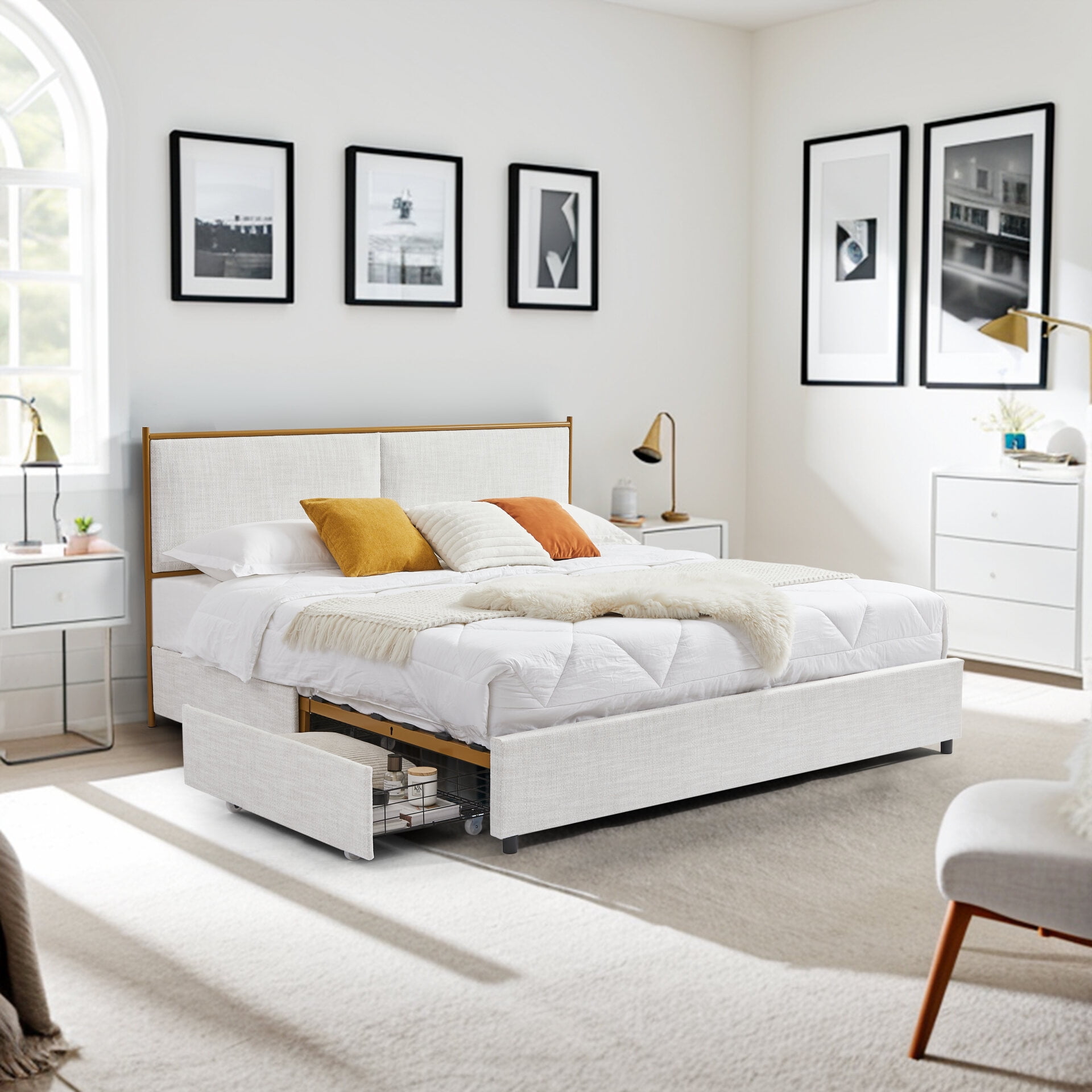 King Size Bed, Modern Upholstered Platform Bed Frame with Four Storage ...