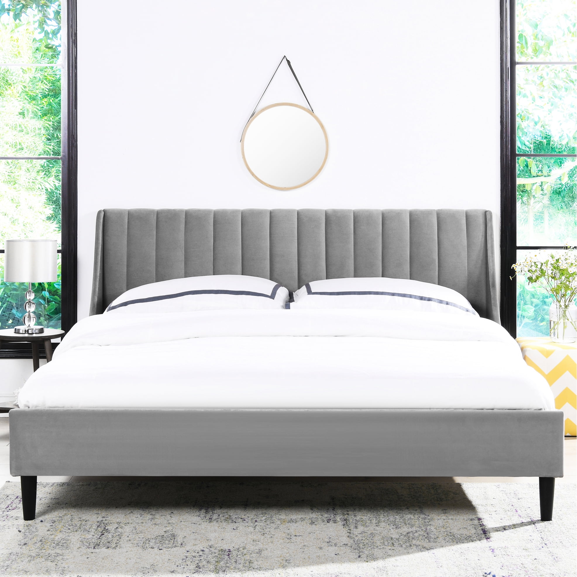 King Size Bed With Grey Velvet Headboard And Stable Sleeping Platform ...