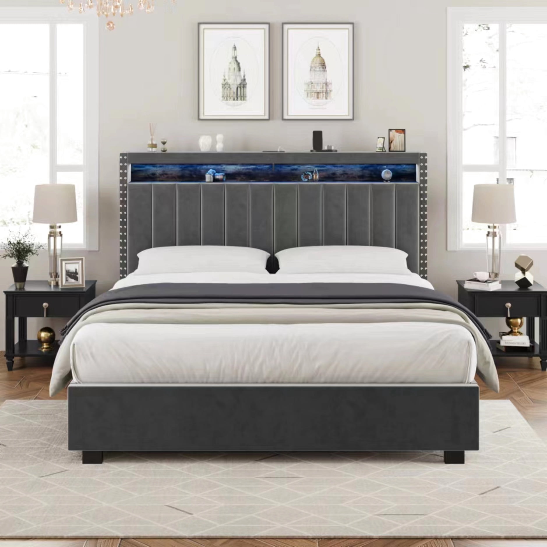 King Size Bed With Velvet Grey Headboard, Gas Lift Storage & Rf Led ...