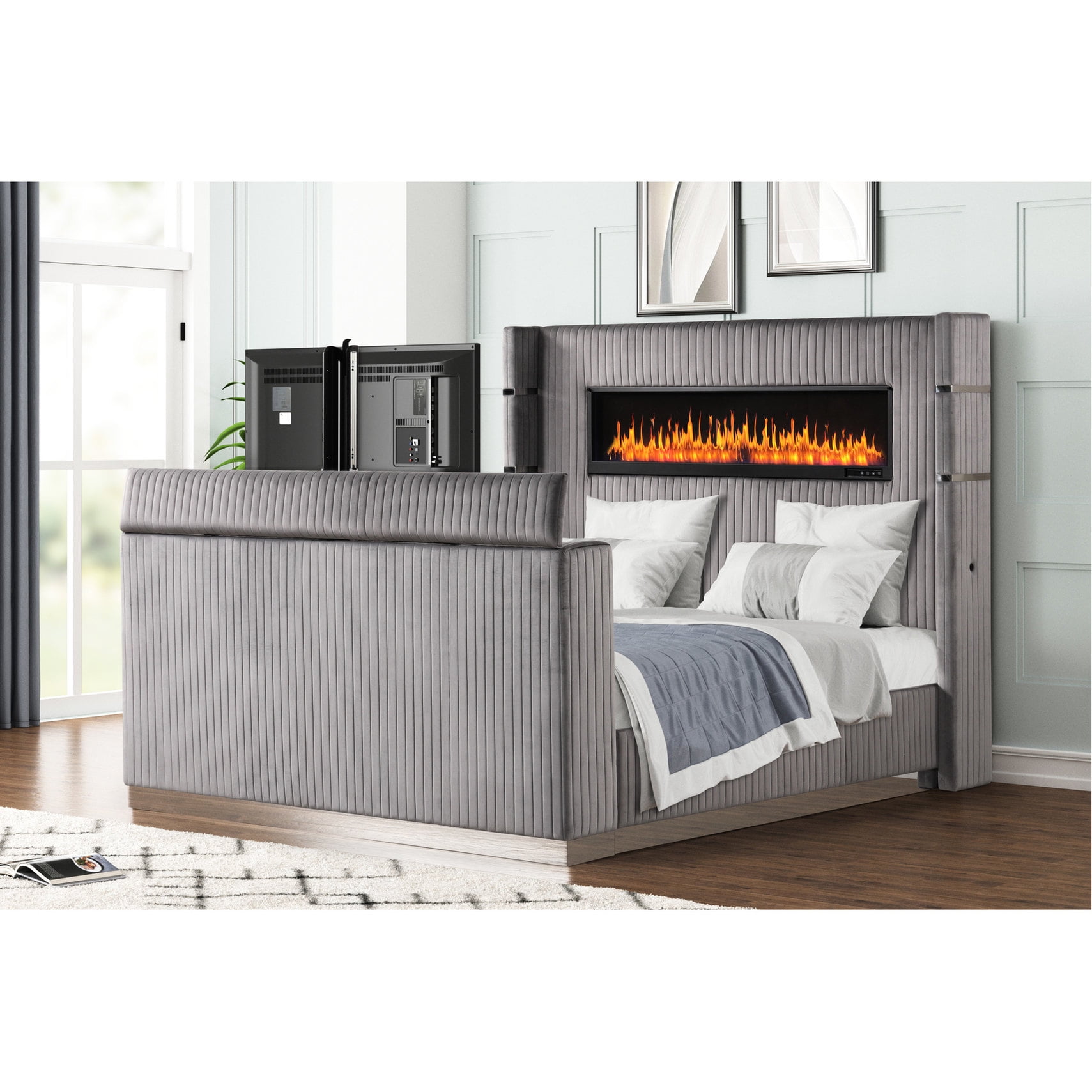 King Size Bed with Fireplace Headboard and TV Stand Footboard, Modern ...