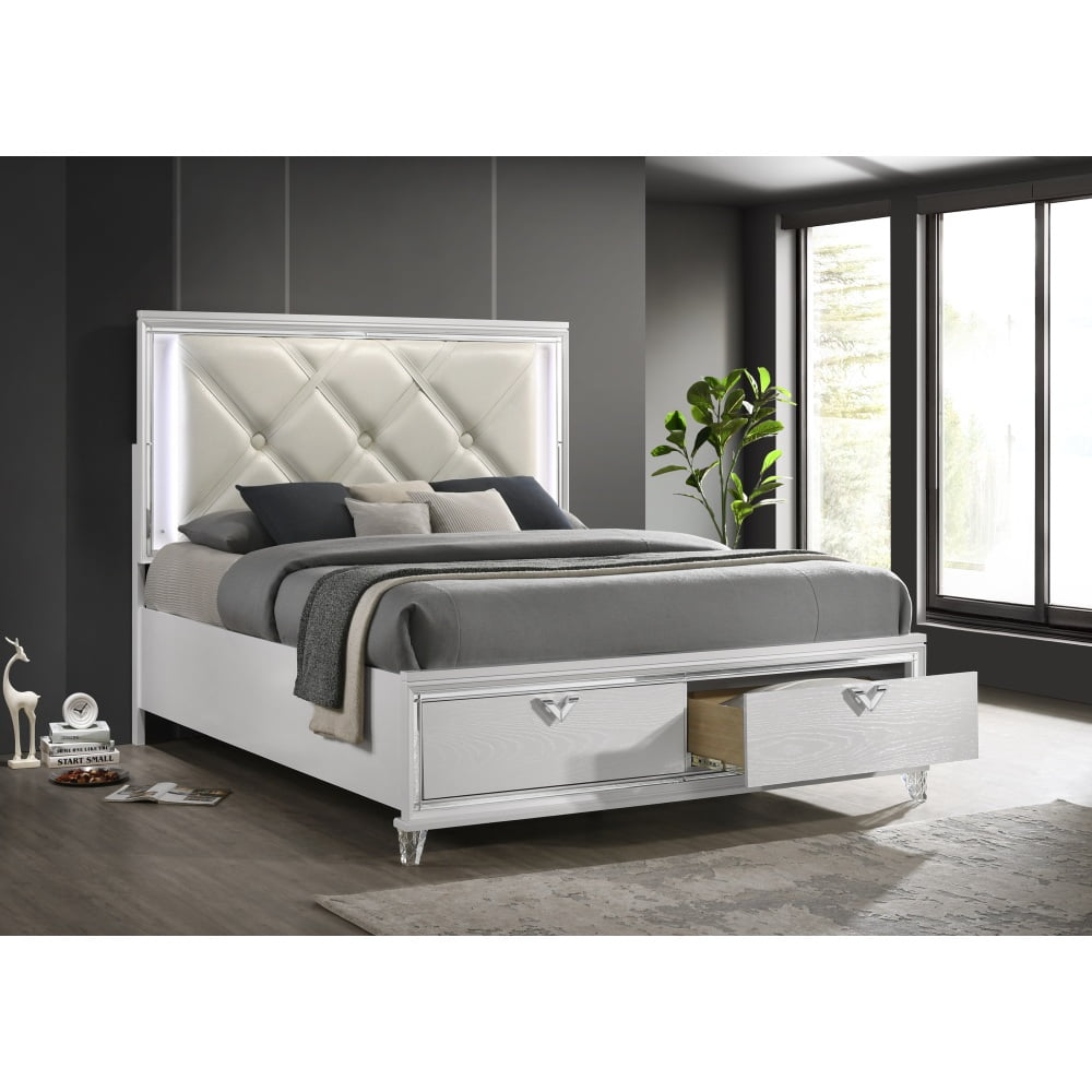 King Size Bed with LED Accents and 2 V-Shaped Handle Drawers, Wood Bed ...