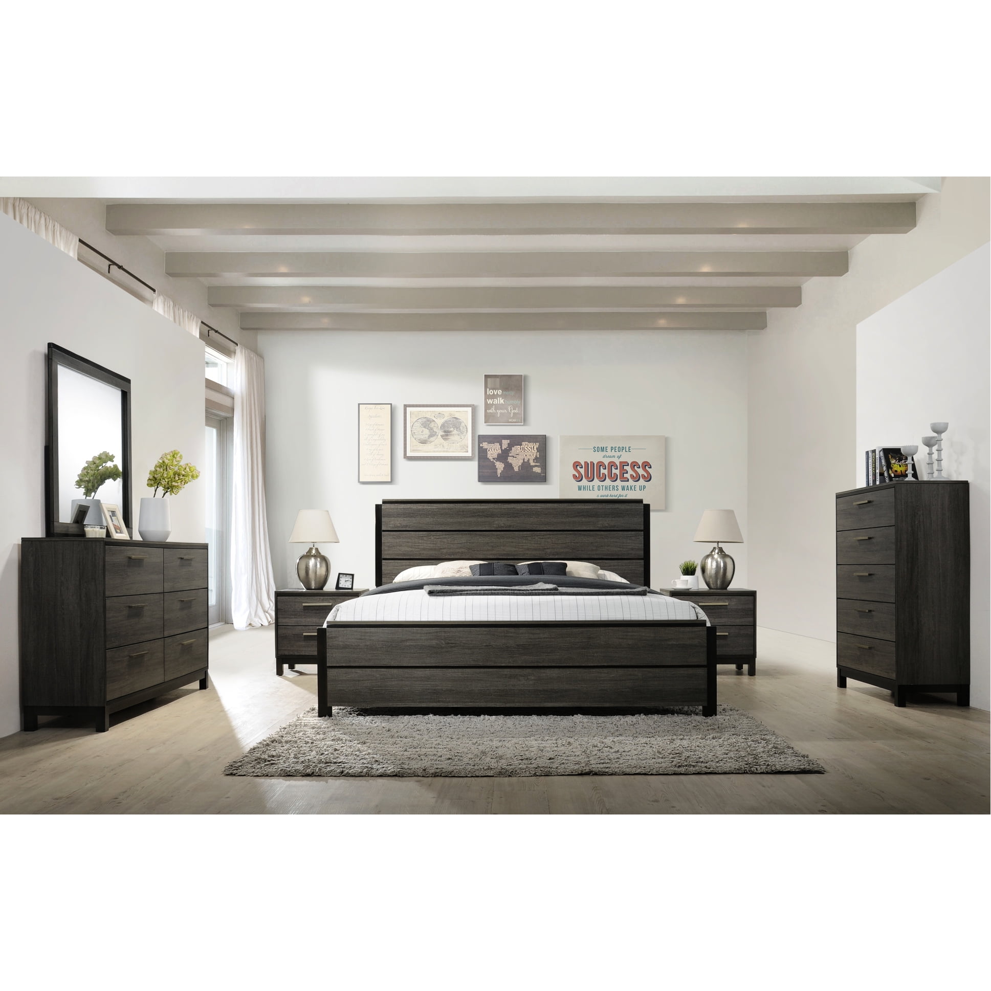 King Size Bedroom Furniture In Antique Grey Wood: Dresser, Mirror, Night Stands, Chest Wood , 6 ...