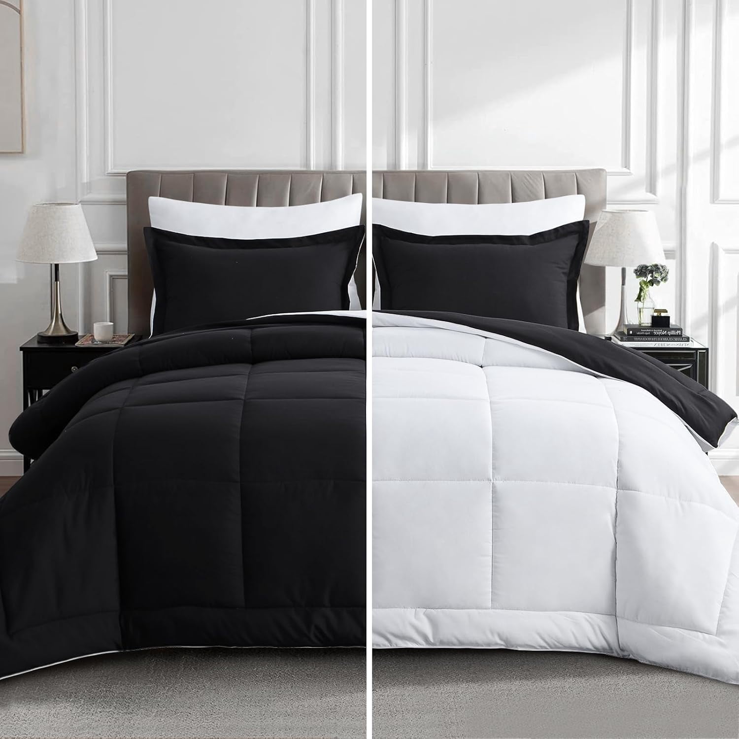 King Size Black and White Comforter Set - 3-Piece Lightweight Down ...
