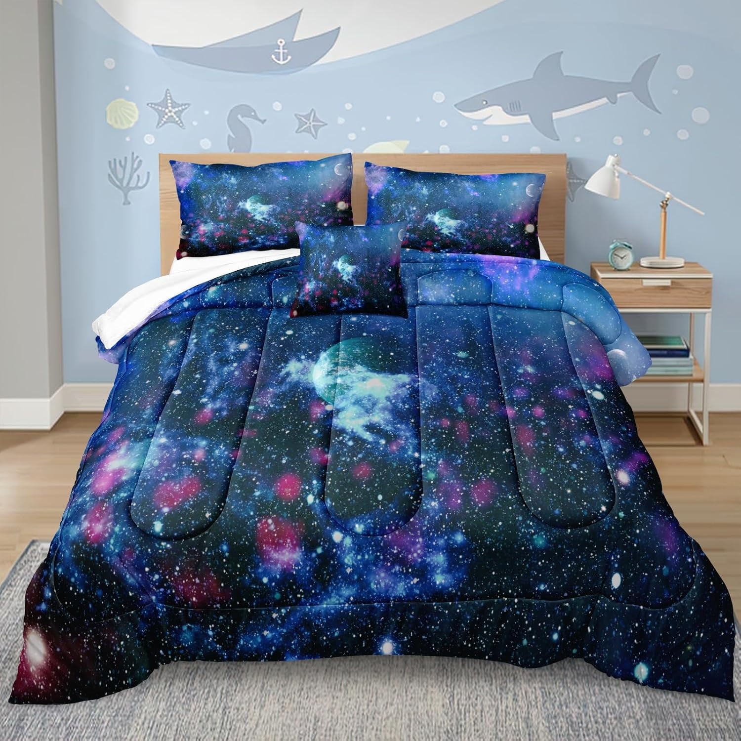 King Size Blue Galaxy Comforter Set with Starlight Universe Bedding ...