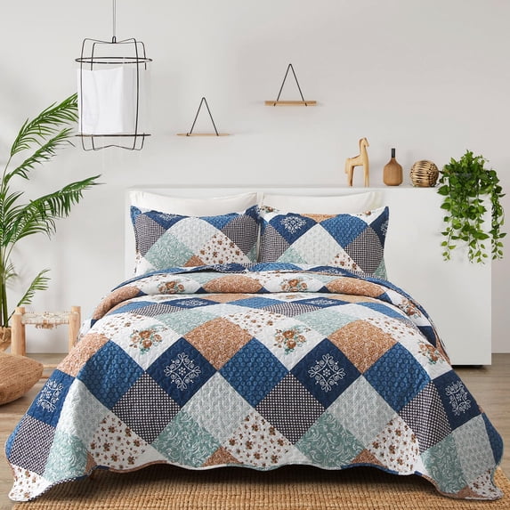 King Size Blue Patchwork Reversible Quilt Bedding Set - Walmart.com