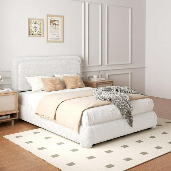 King Size Boucle Bed Frame with Adjustable Headboard, Upholstered Cloud ...