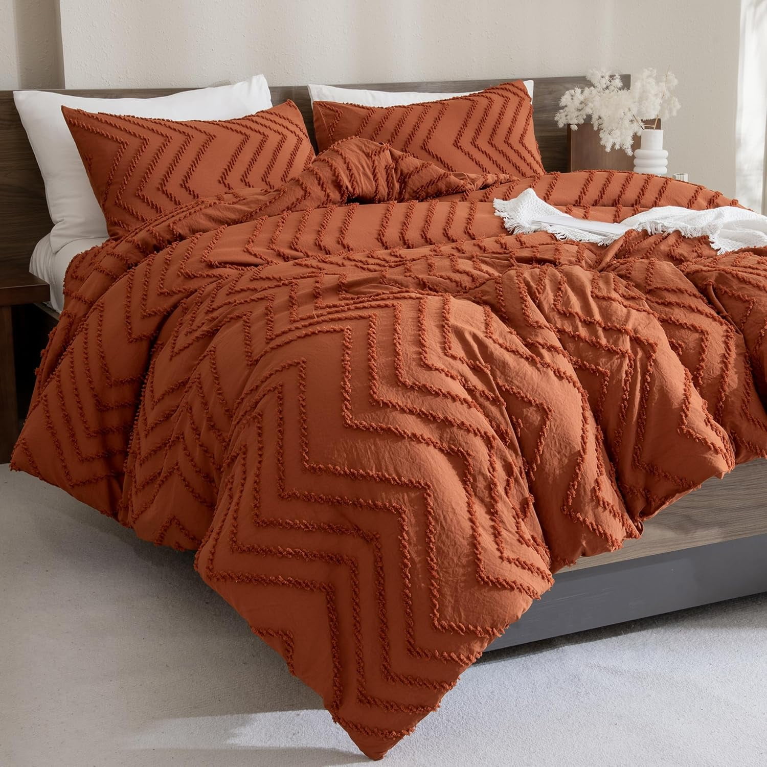 King Size Burnt Orange Comforter, Boho Terracotta Soft Warm Bedding Set for King Bed, 3 Piece ...