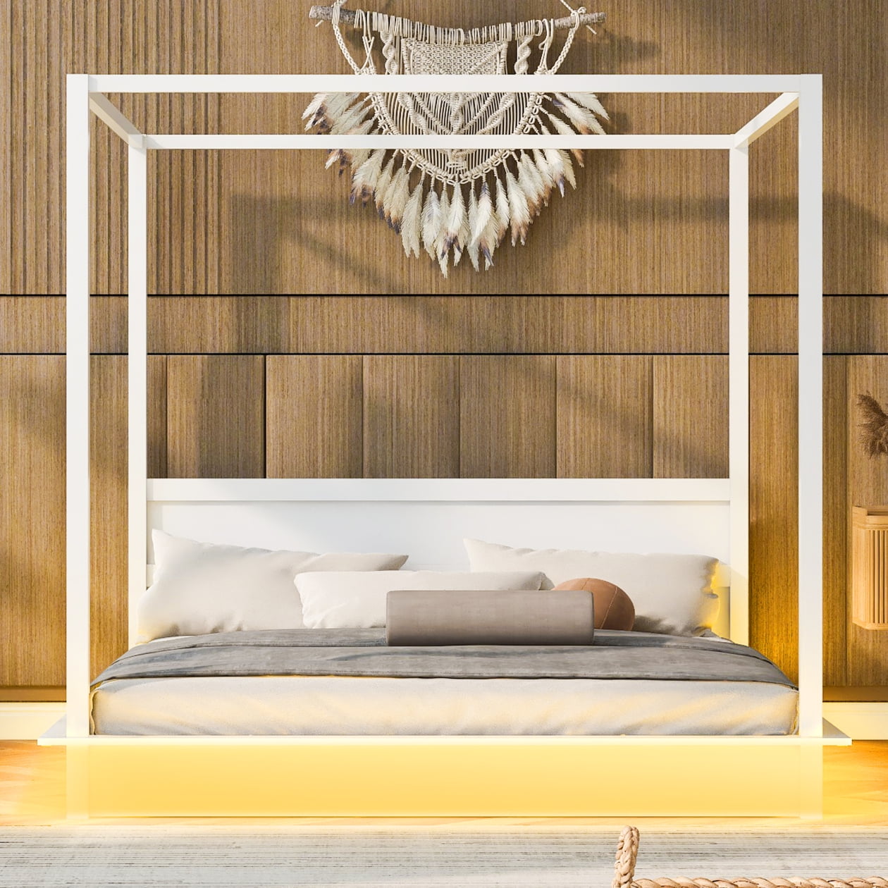 King Size Canopy Bed with LED Light and Support Slats,Canopy Platform ...