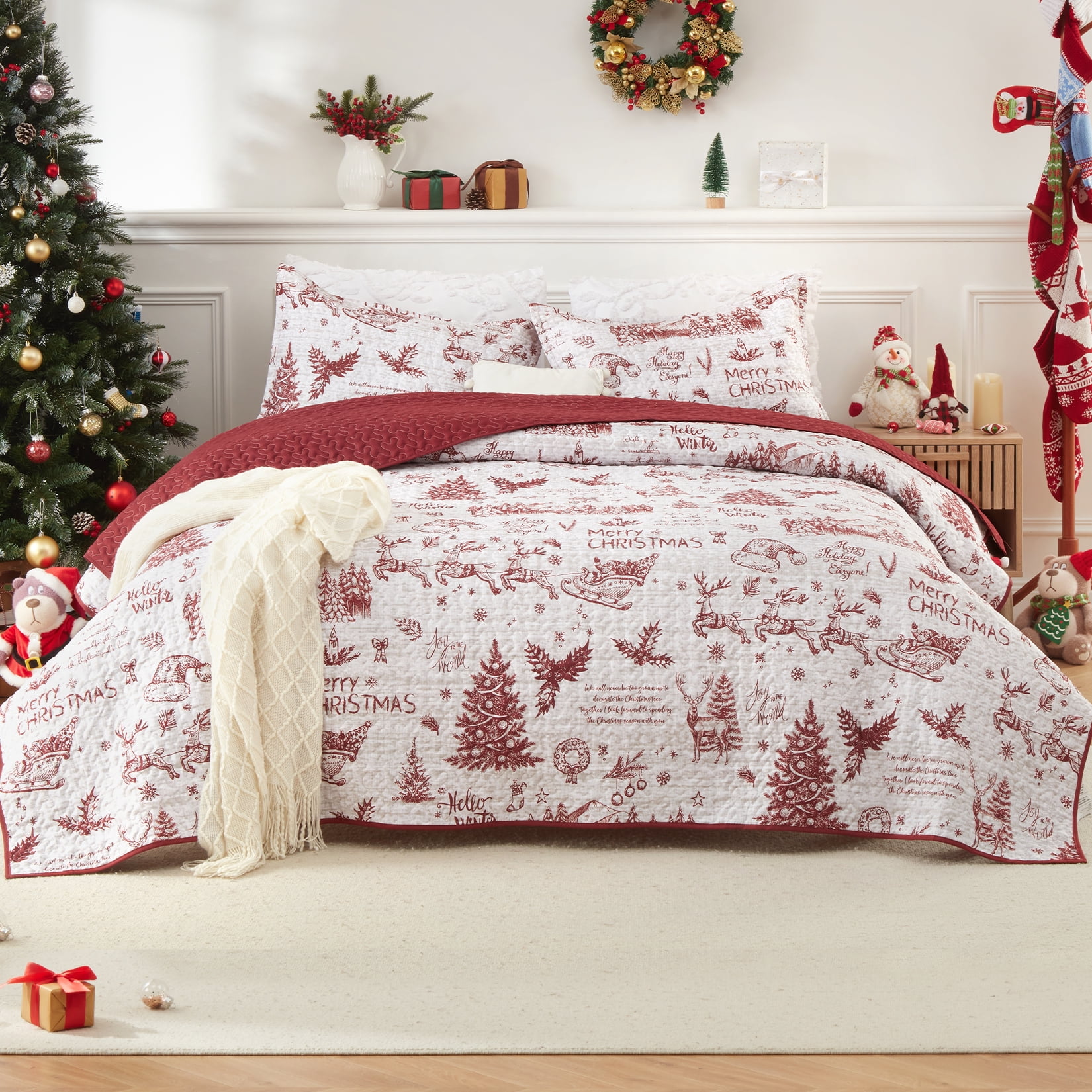 King Size Christmas Quilt Bedding Set - 106x96 Inch Holiday Bedspread 3 ...
